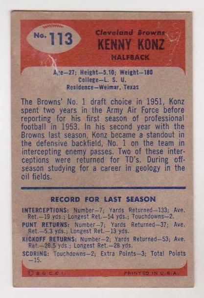 1955 Bowman Football Ken Konz #113 Card | Property Room