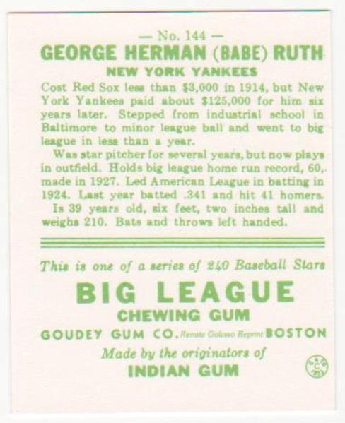 1933 Goudey Babe Ruth #144 Reprint Baseball Card | Property Room