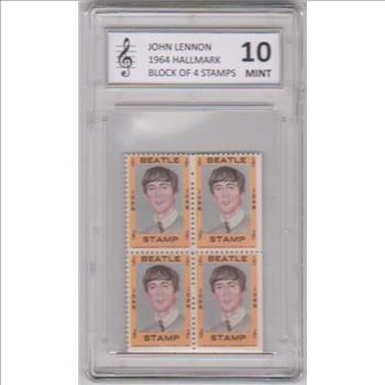 Graded Mint 10 - 1964 THE BEATLES John Lennon Hallmark Stamps Plate of ...