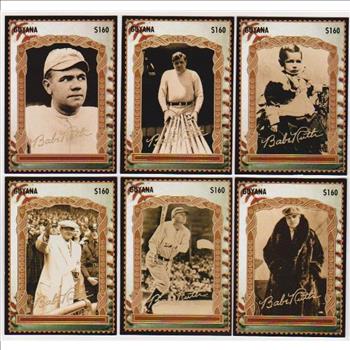 6 Different Babe Ruth 1996 Guyana $160 Stamp Trading Cards W/ Facsimile ...
