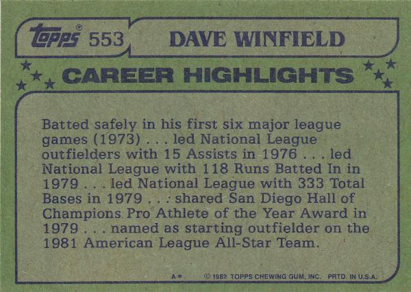 1982 Topps Dave Winfield All Star #553 Baseball Card - Hall Of Famer ...