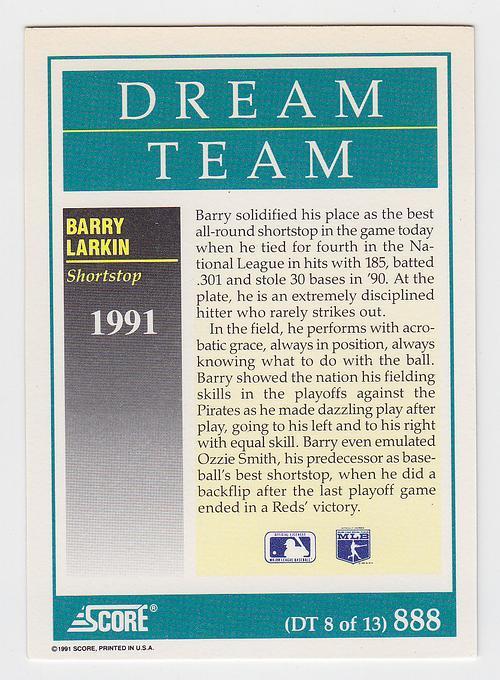 1991 Score ~Dream Team~ #888 Barry Larkin Baseball Card - Hall Of Famer ...