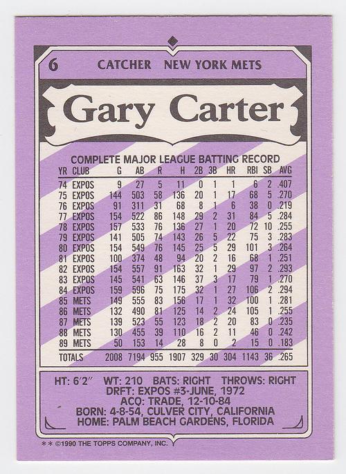 1990 Topps/Kay Bee ~Kings~ #6 Gary Carter Baseball Card - Hall Of Famer ...