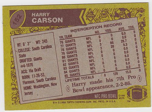 1986 Topps #152 Harry Carson Football Card - Hall Of Famer | Property Room
