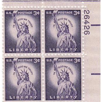 1966 U.S. 3c Stamp Plate Block - Liberty Issue (Statue of Liberty ...