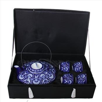 RARE Bombay Company TEA SET in Satin Storage Box Blue/White Pot & 4 ...