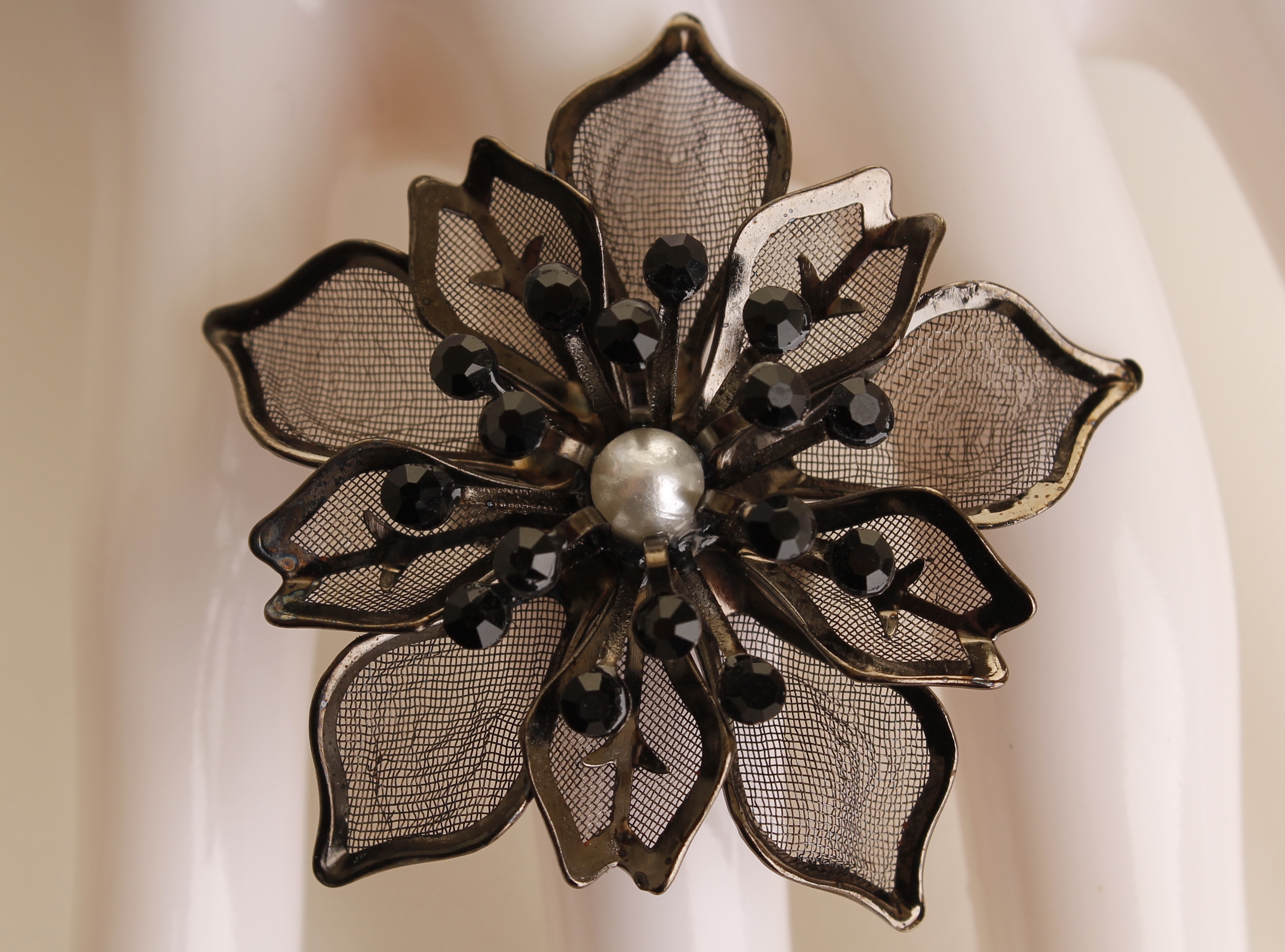 Black Mesh and Faux Melanite Floral Ring Adjustable | Property Room