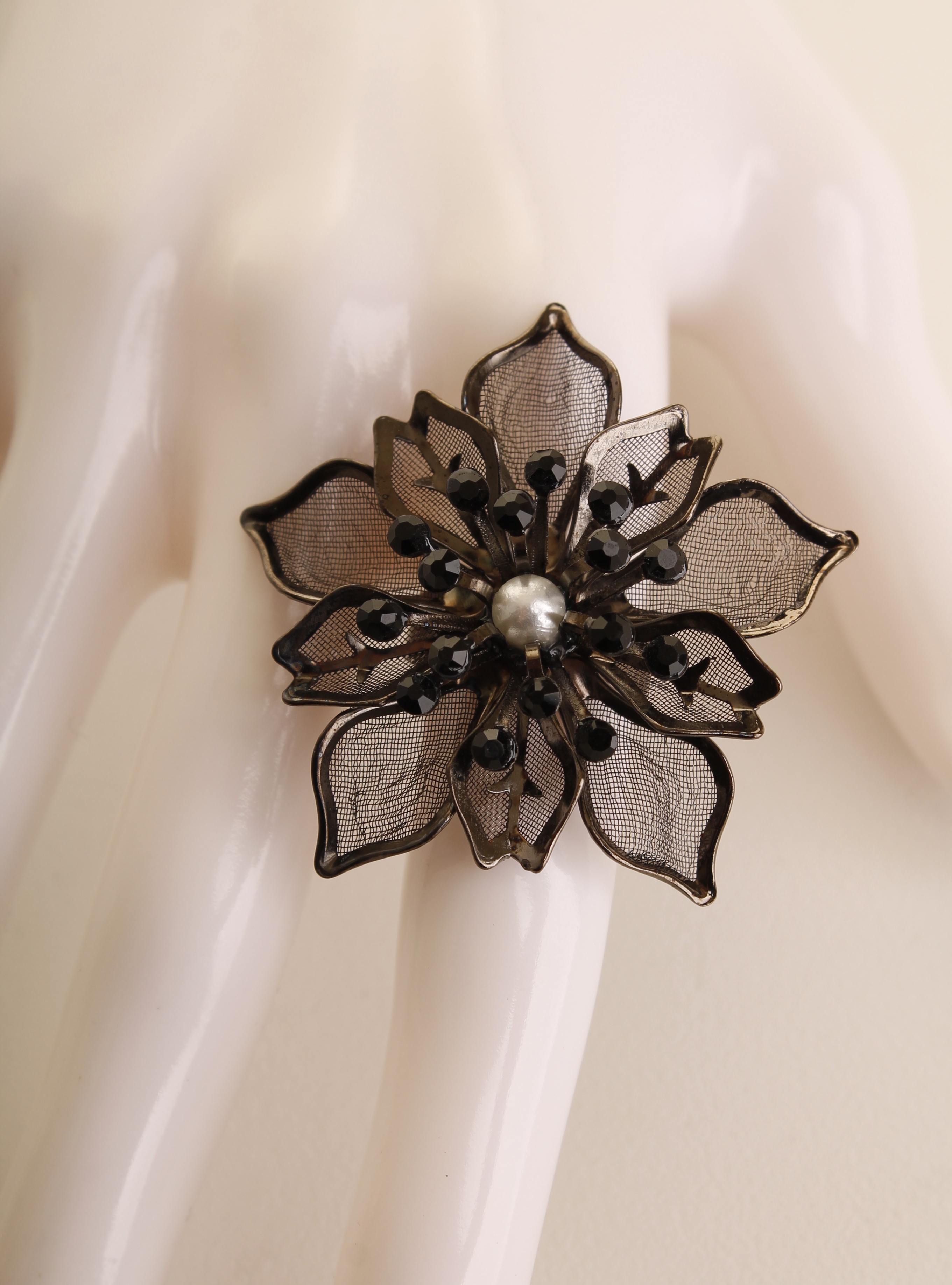 Black Mesh and Faux Melanite Floral Ring Adjustable | Property Room