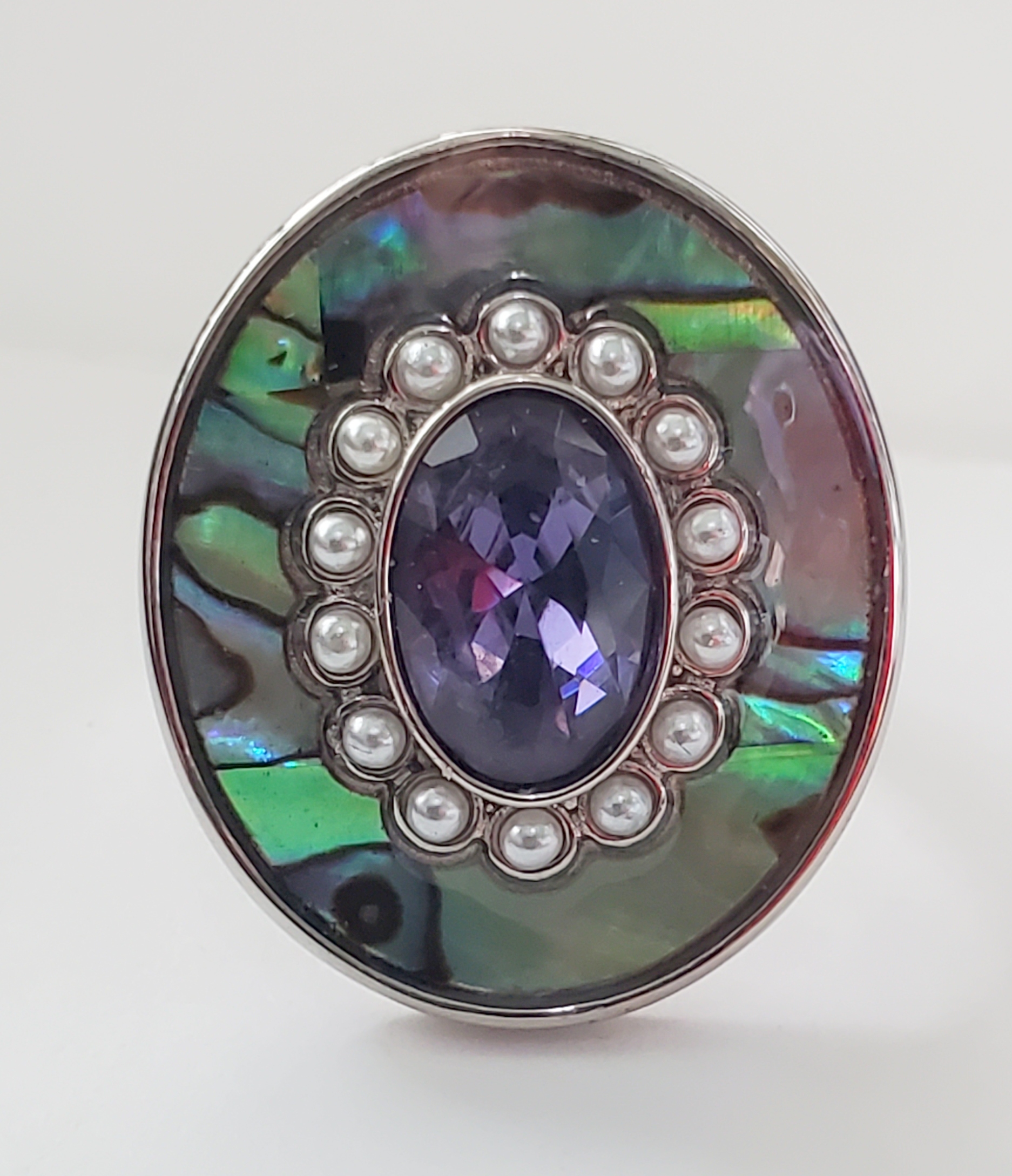 No Reserve Abalone Shell, Faux Pearl & Amethyst Ring Size 6 | Property Room