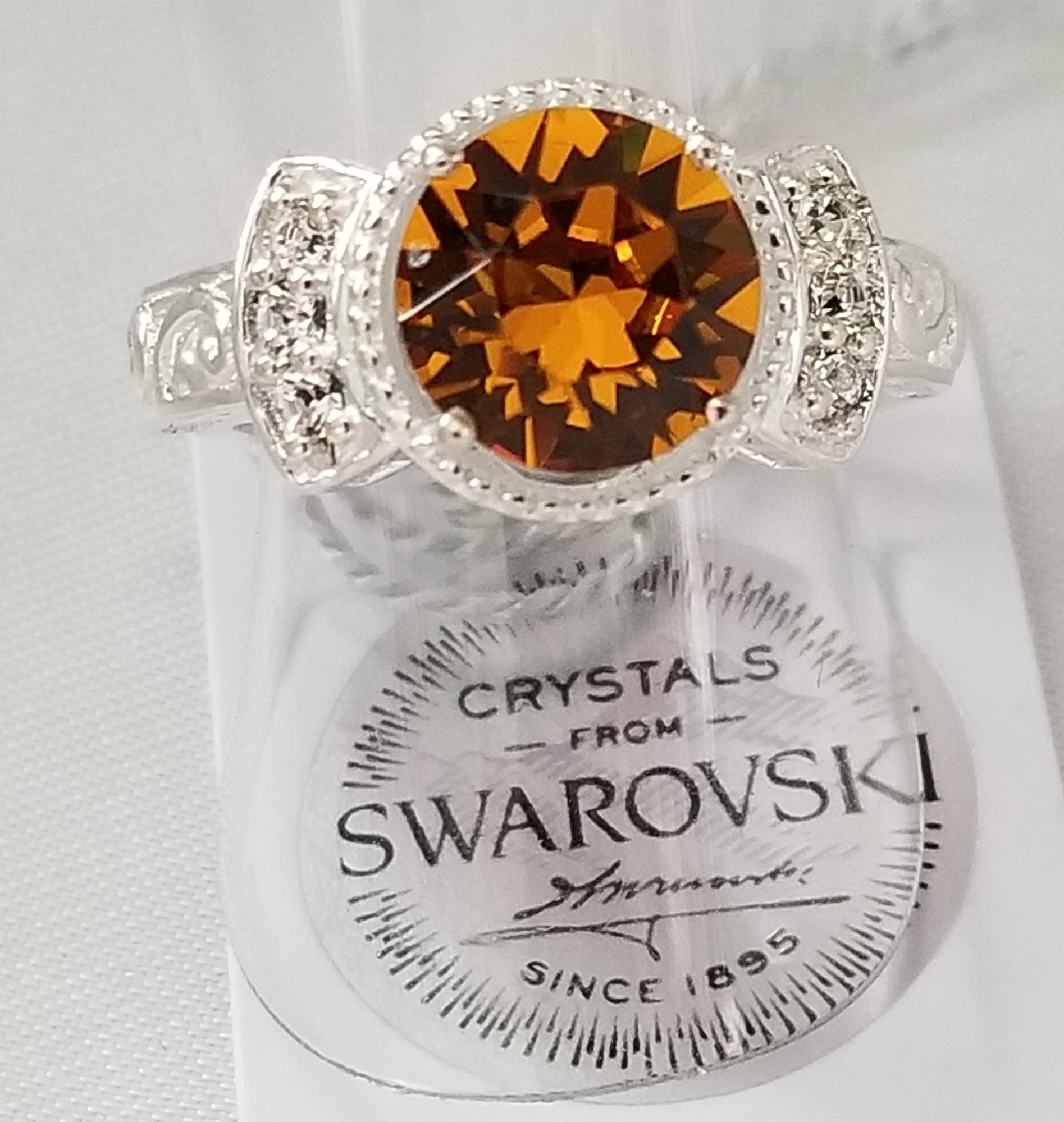 New .925 Sterling Silver Citrine Color Swarovski Crystal Ring Size 5 ...