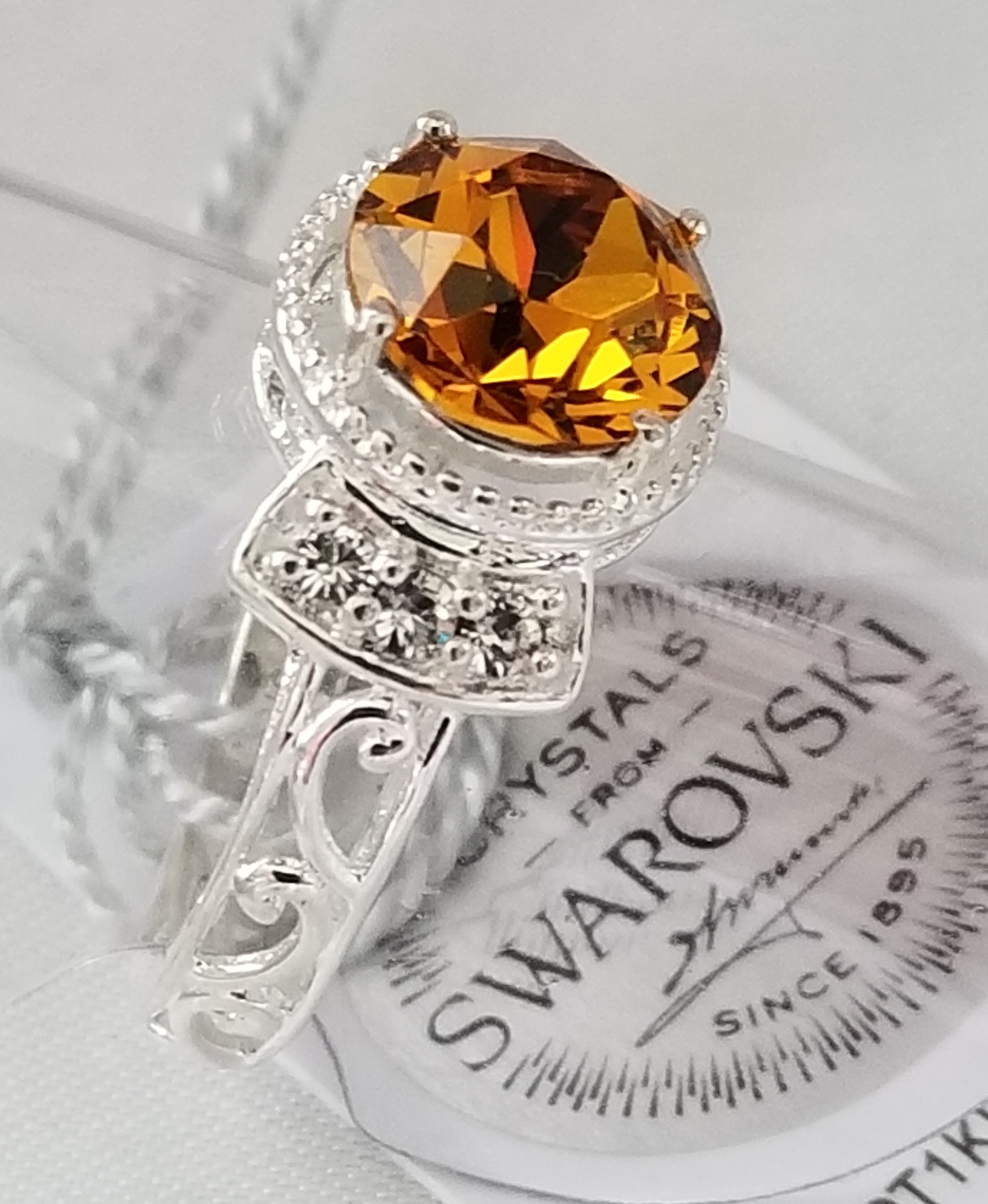 New .925 Sterling Silver Citrine Color Swarovski Crystal Ring Size 5 ...
