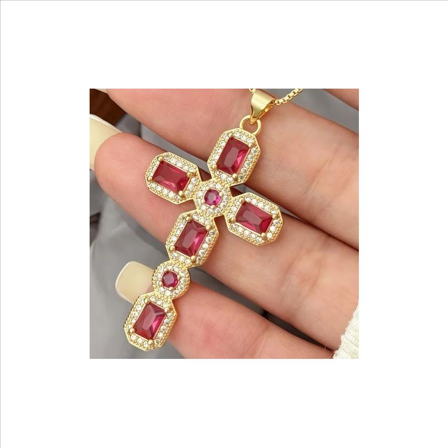 5.50ctw Ruby & White Sapphire 18k Yellow Gold Overlay Cross Necklace ...