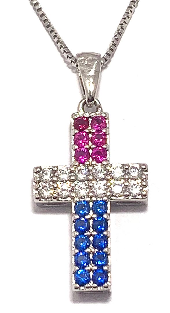 1.50ctw Ruby, Sapphire & Diamonique Diamond Cross Necklace in 18K Gold ...