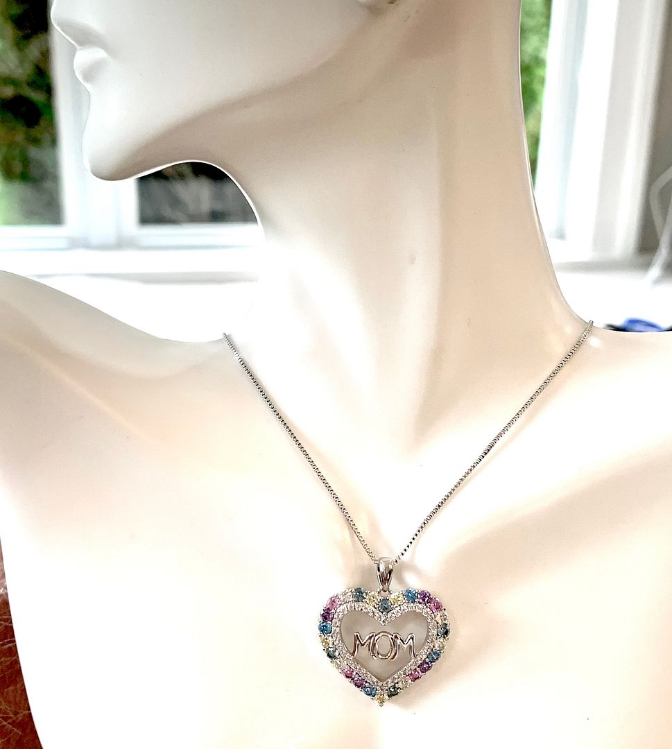 2.00ctw Multicolor Stone “MOM” Heart Necklace in 18K Gold Overlay ...