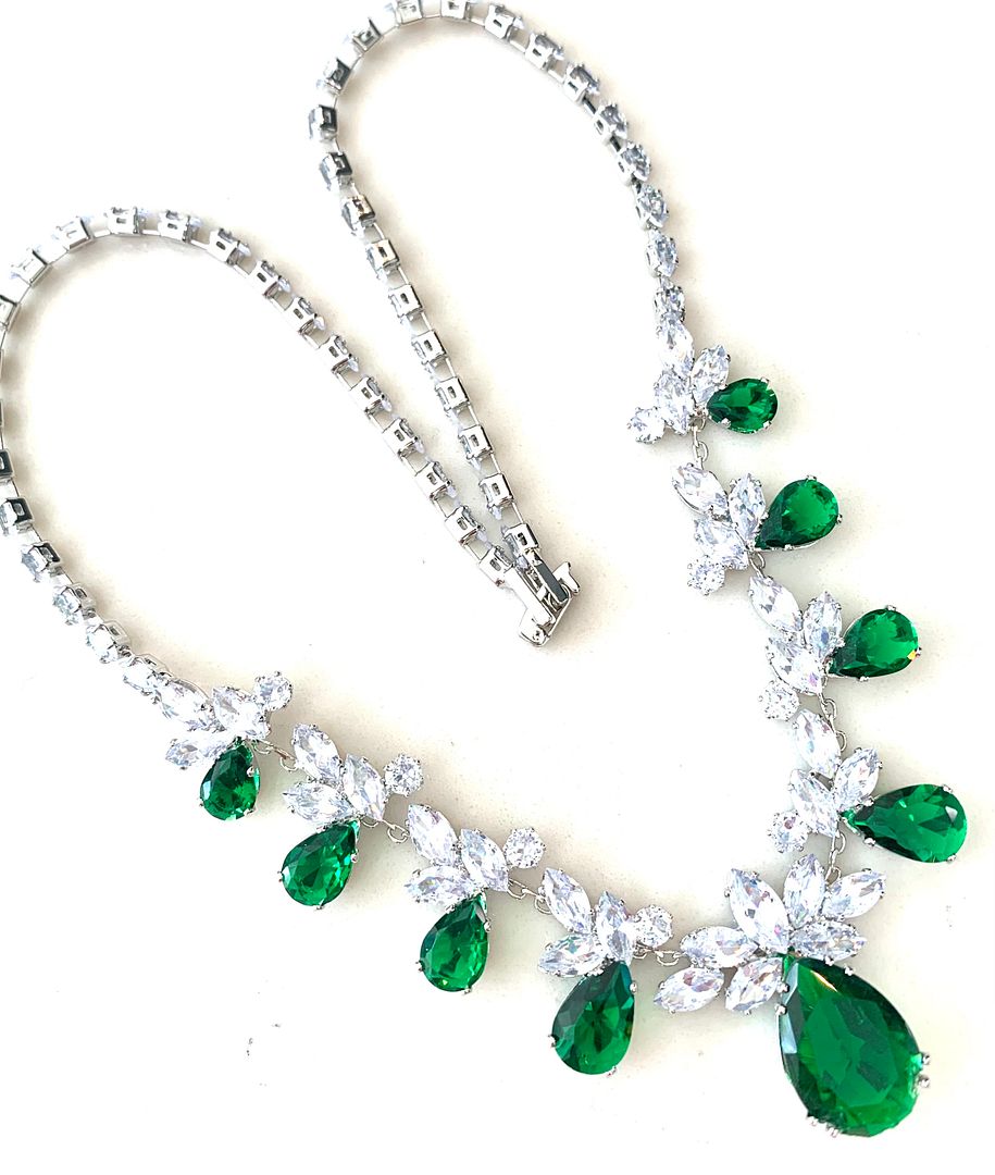 71.00ctw Emerald & CZ 18k White Gold Ovr Statement Necklace 18" | Property Room