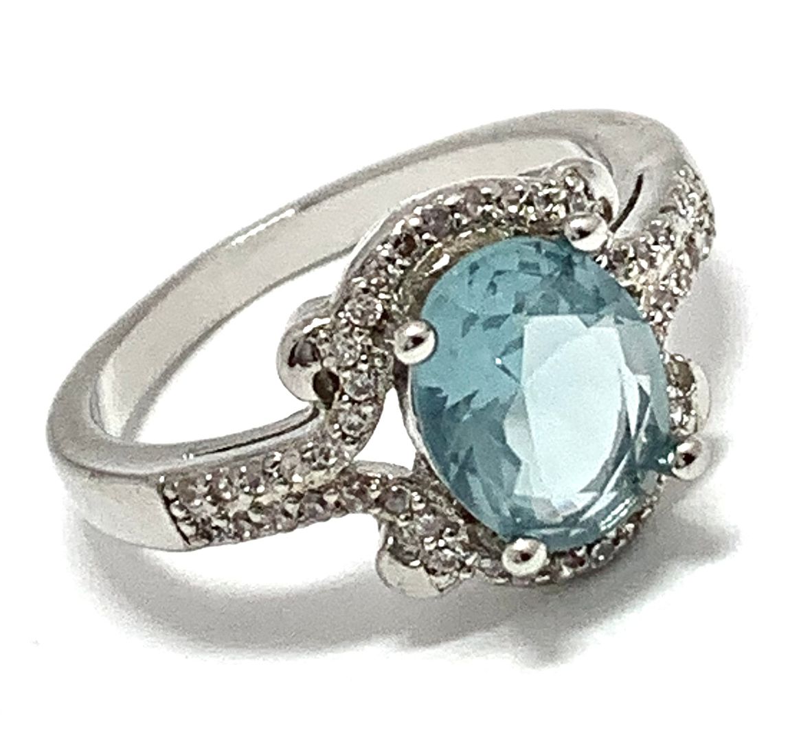 Antique Style 3.50ctw Blue Topaz & Diamonique Diamond Ring | Property Room