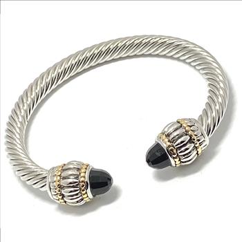 Designer Inspired Black Spinel Cable Bangle Bracelet Two-Tone 14k Gold ...