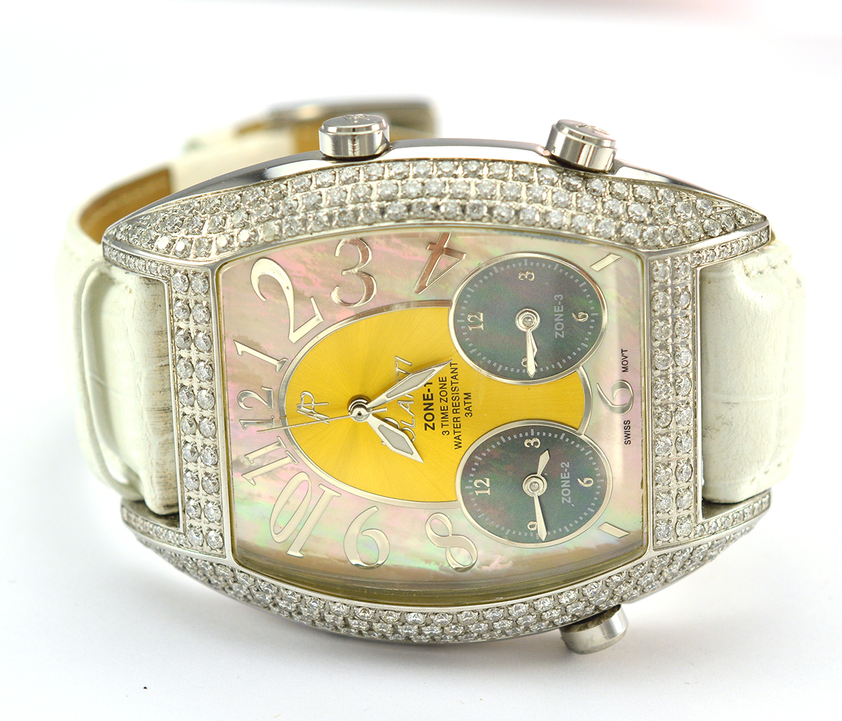 Polanti 3 - Time Zone Stainless Steel Pink Mother of Pearl Dial Diamond ...