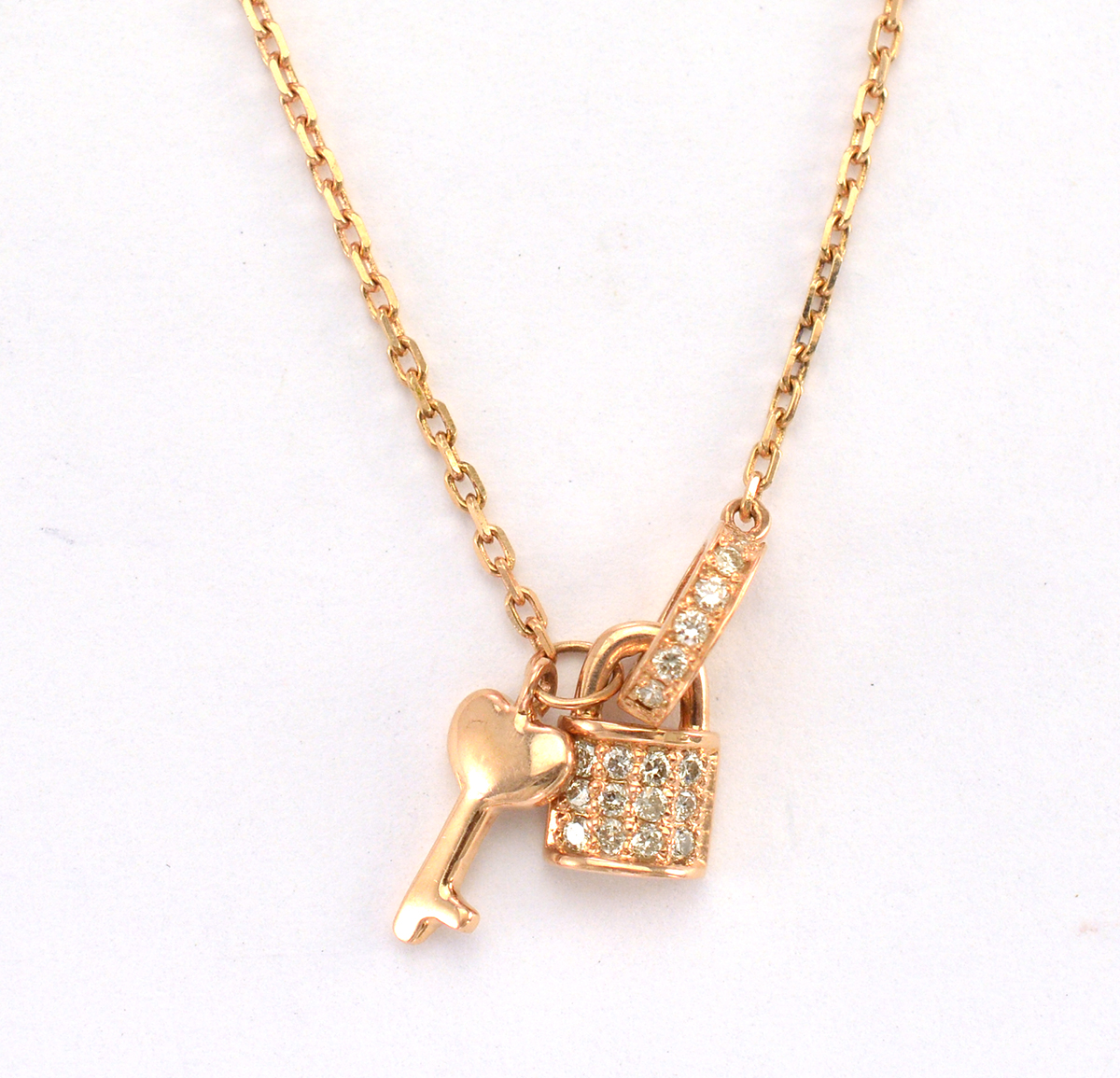 14K Rose Gold 2.66 Grams Diamond Lock and Key Pendant With Gold ...