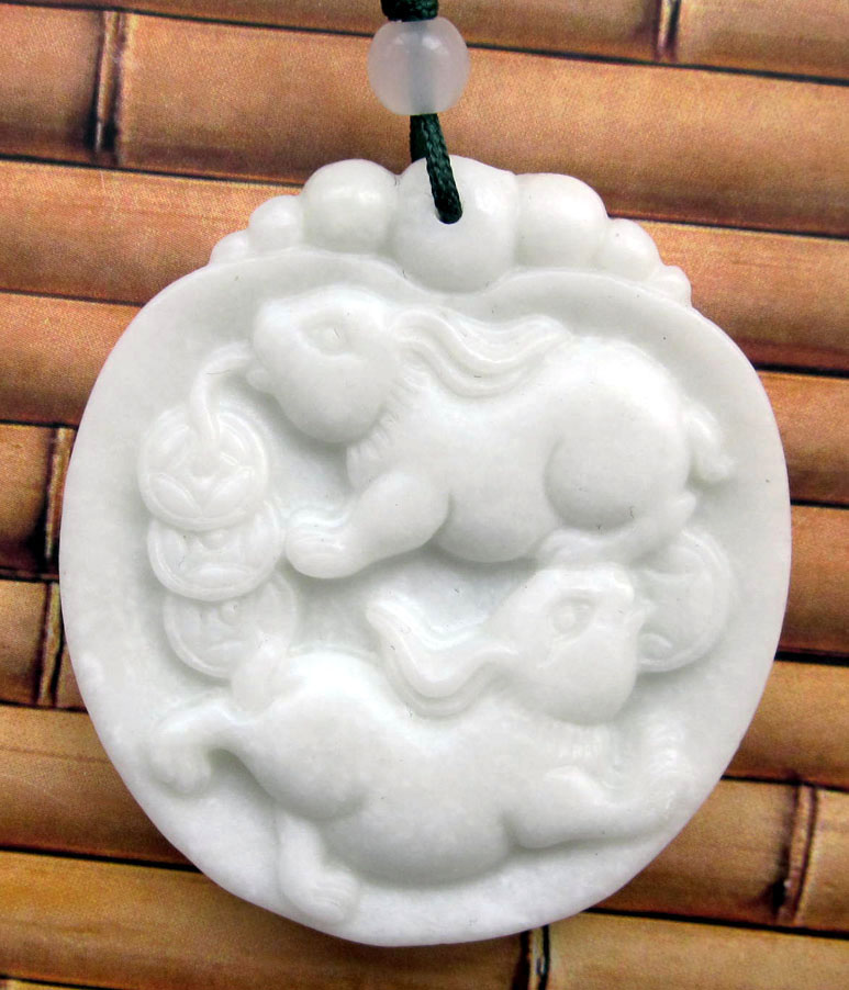 255 Cts of Real White Jade Two Lucky Rabbits Coins Amulet | Property Room