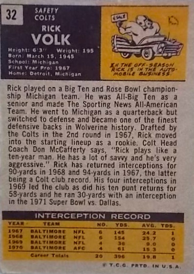 RICK VOLK ~ 1971 TOPPS ~ ROOKIE CARD ~ BALTIMORE COLTS | Property Room