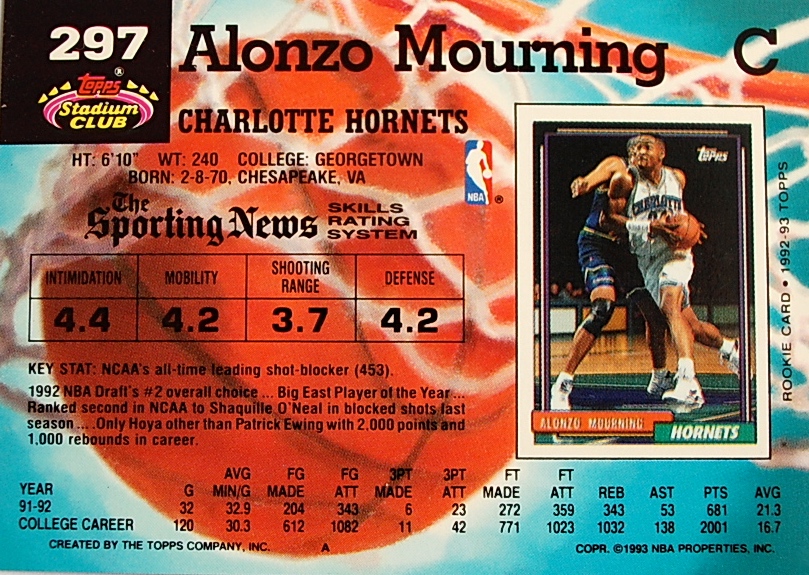 ALONZO MOURNING ~ 1992 STADIUM ~ ROOKIE CARD ~ CHARLOTTE HORNETS ...