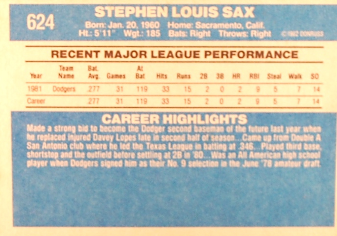 STEVE SAX ~ 1982 DONRUSS ~ "ROOKIE CARD" ~ LOS ANGELES DODGERS ...