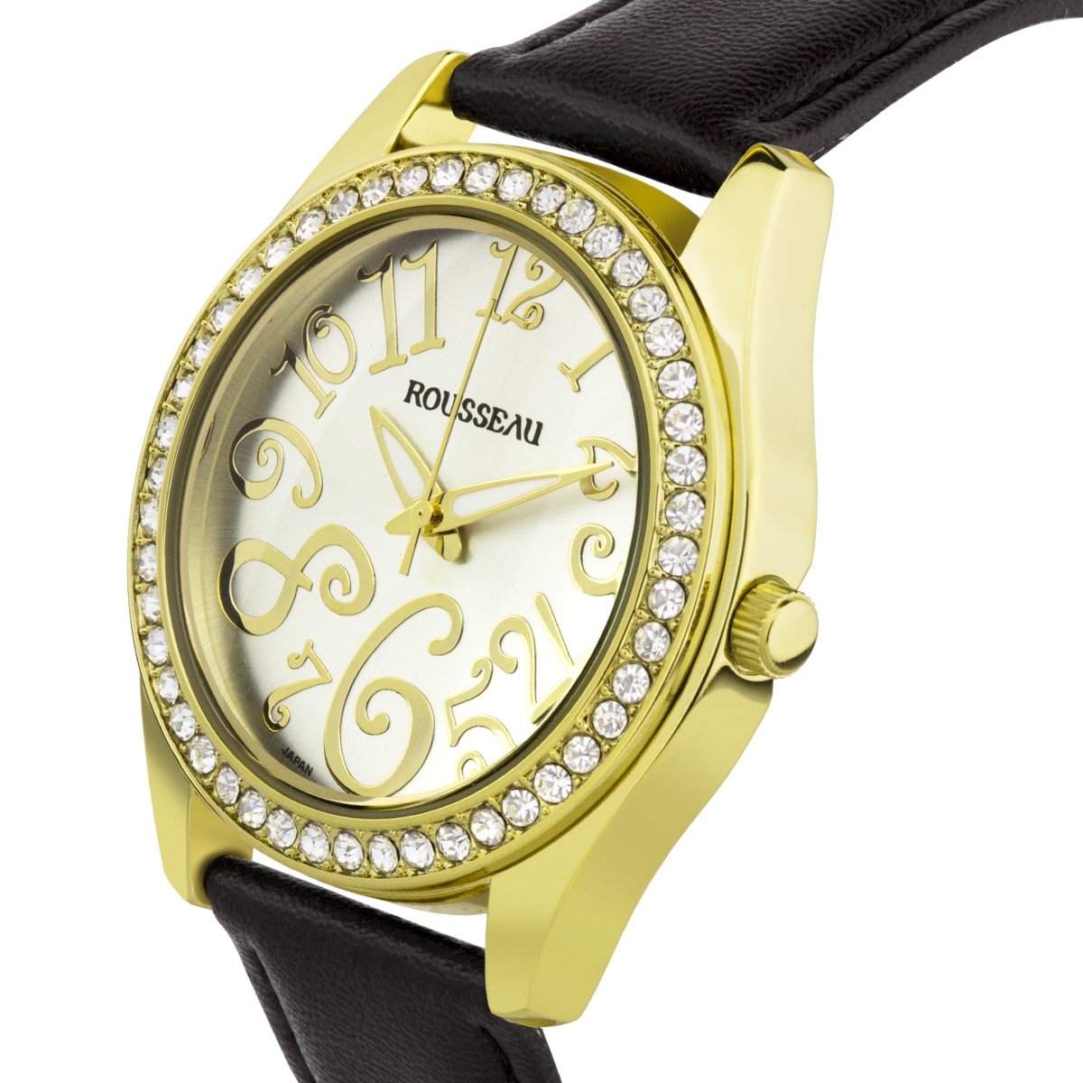 Rousseau Calame Ladies Watch - Black Genuine Leather Strap, Gold Case ...