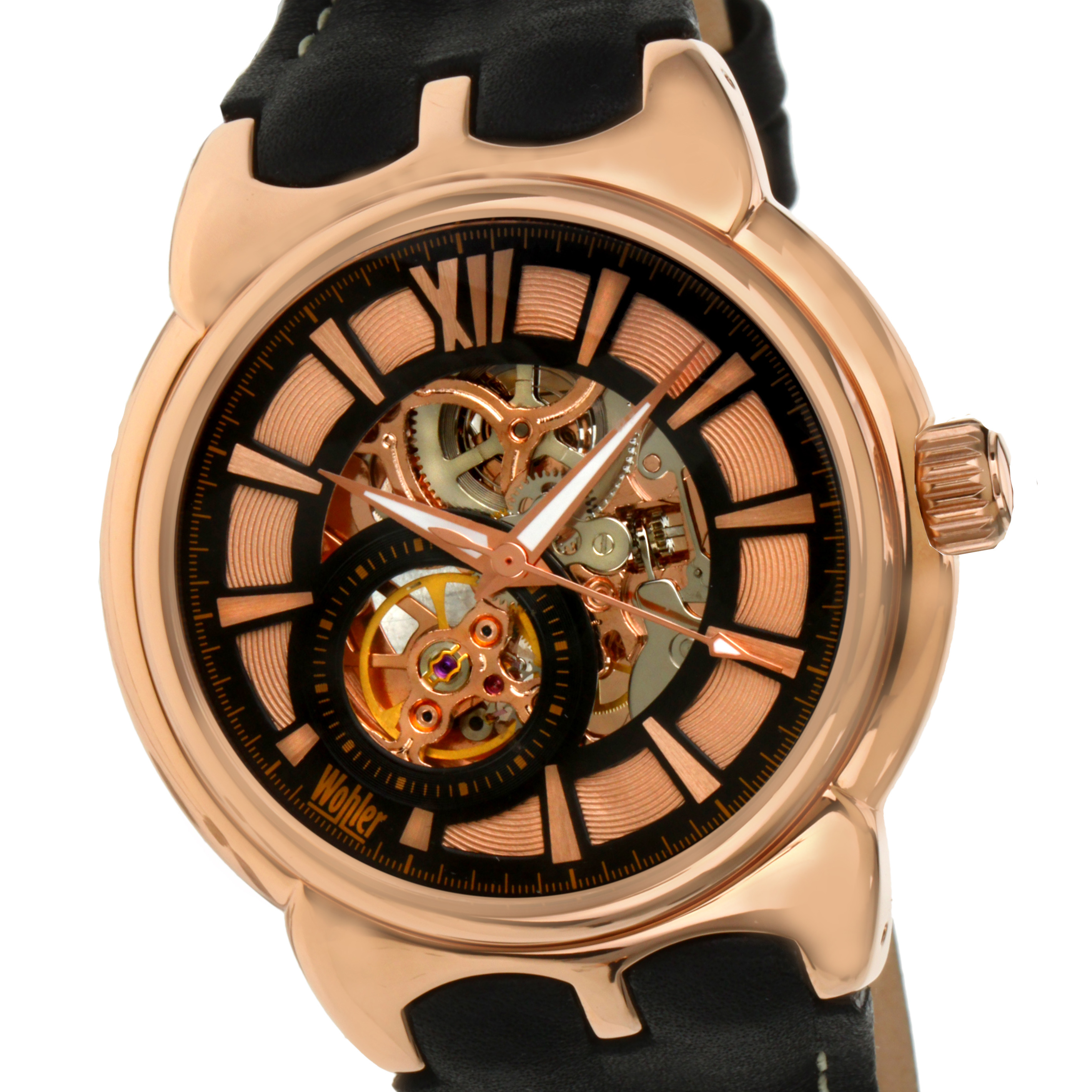 Wohler Gents Mach Automatic Skeleton Black Leather Strap/Black-Rose ...