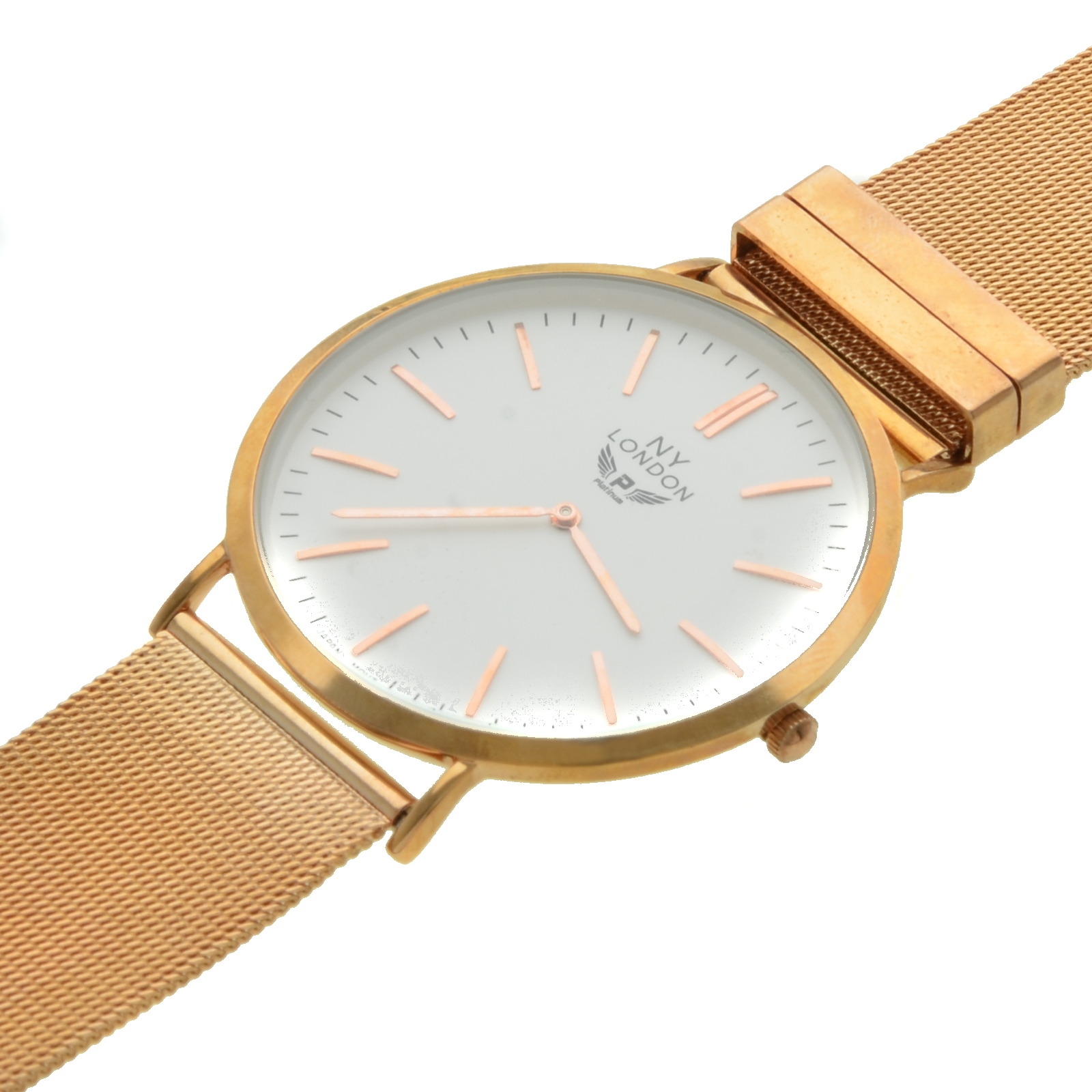 NY London Quasar Mens Watch - Rose Gold Mesh Strap, White Dial ...