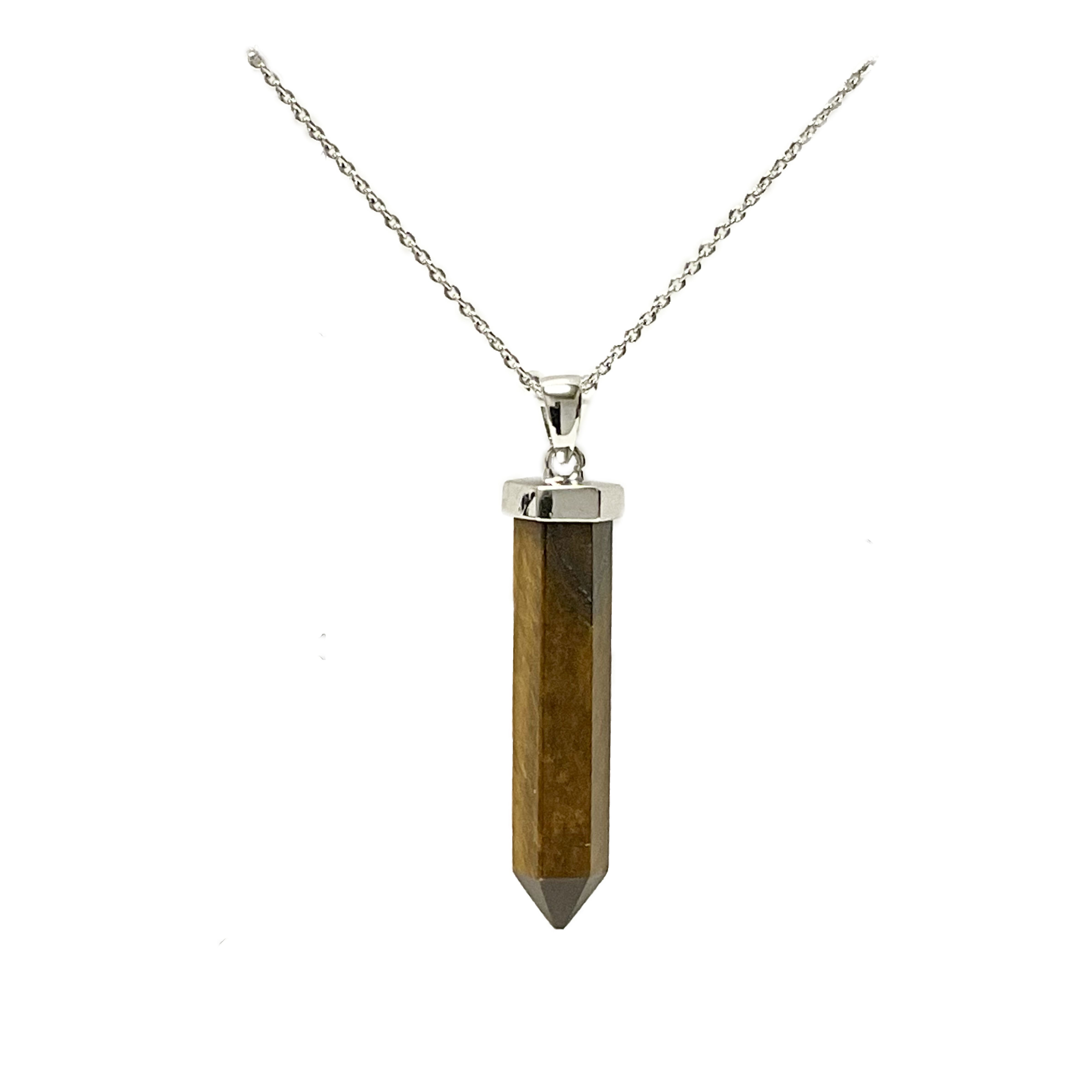 Silvertone Tiger Eye Hex Pendant With 30 inch Chain | Property Room