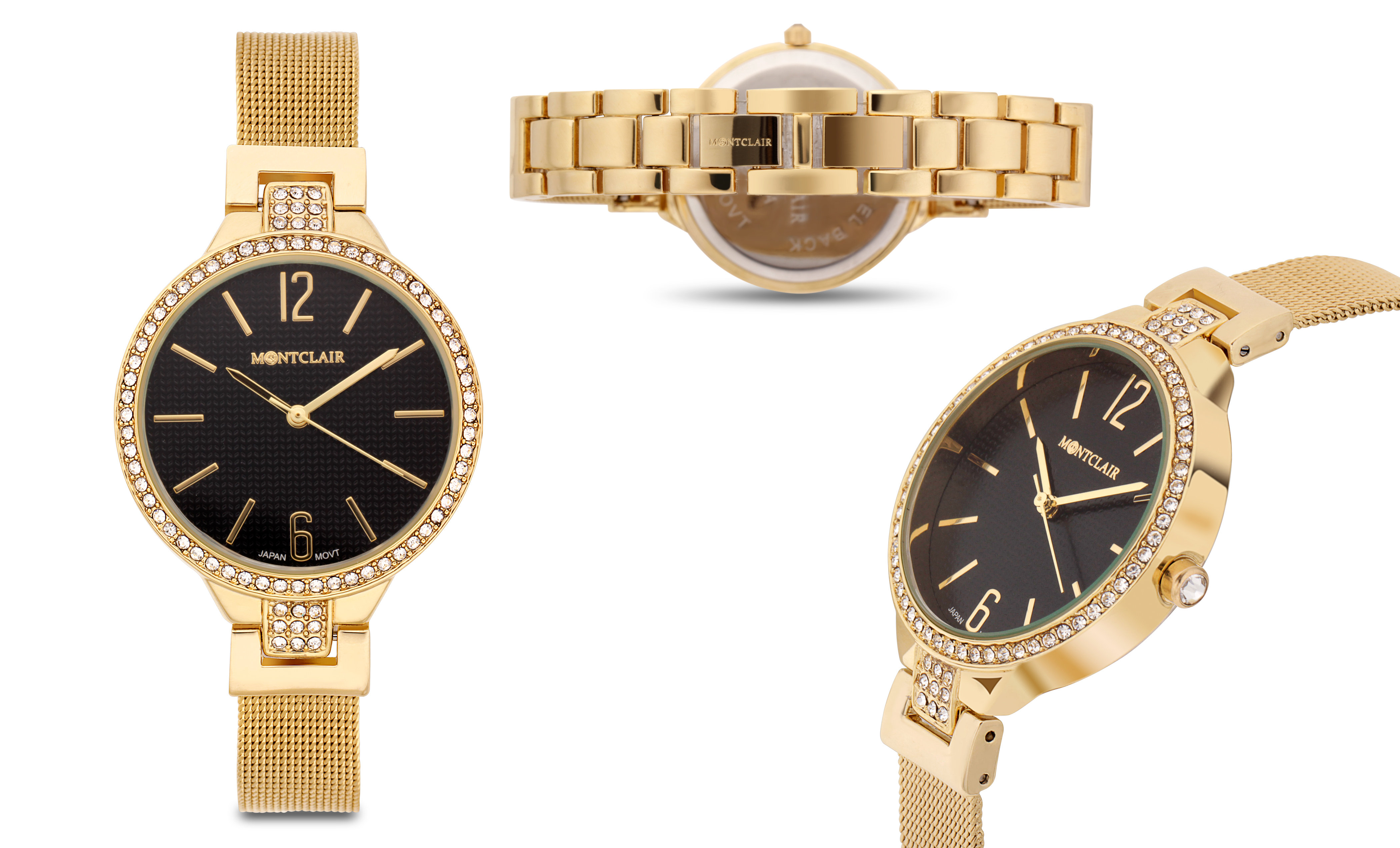 Montclair Jura Ladies Watch, Gold Mesh and Link Bracelet, Black Dial ...