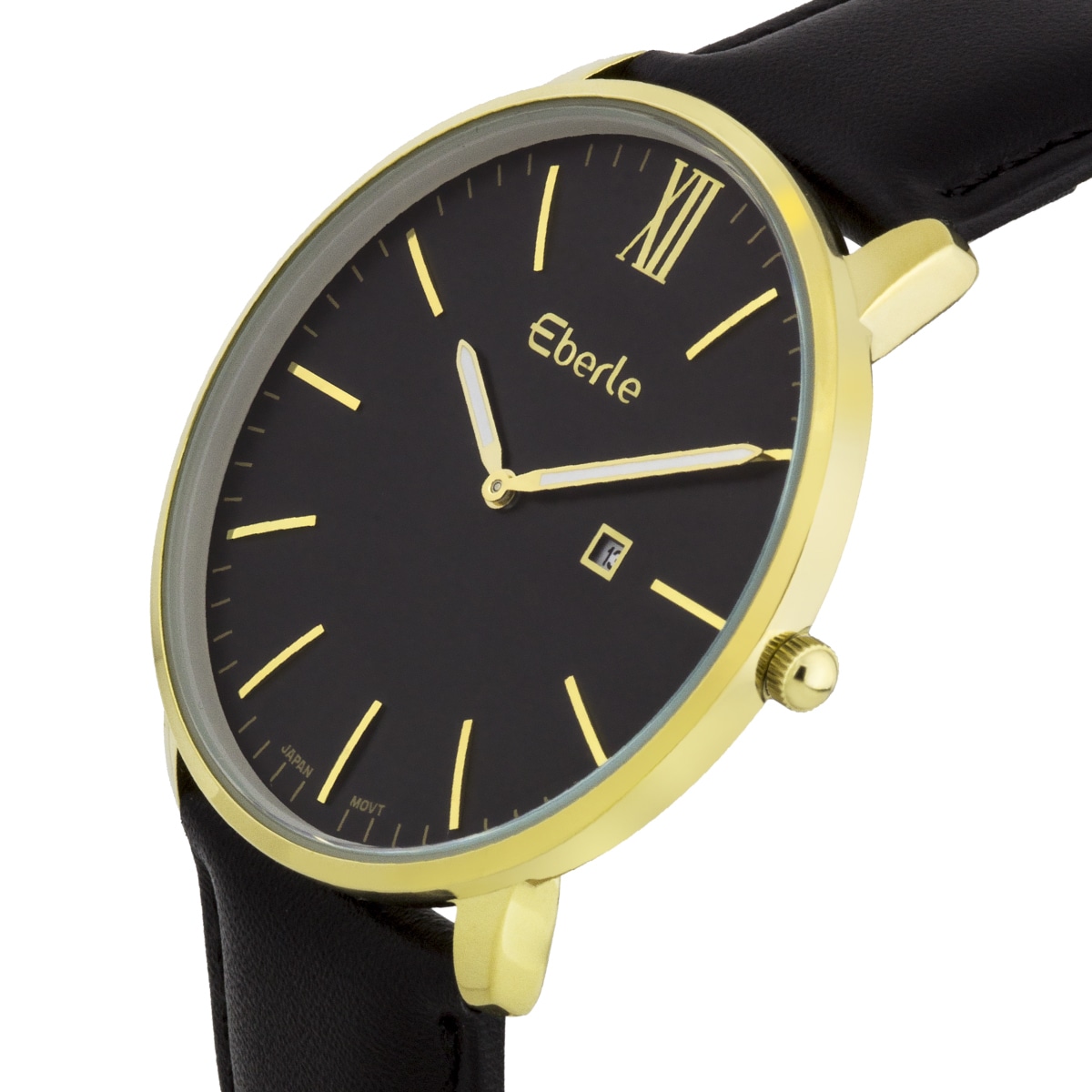 Eberle Pantheon Mens Watch - Black Genuine Leather Strap, Gold Case ...