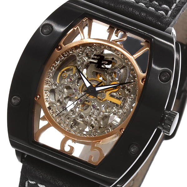 32° Gents Vortex Automatic Skeleton Black Leather Strap/Silver-Rose ...