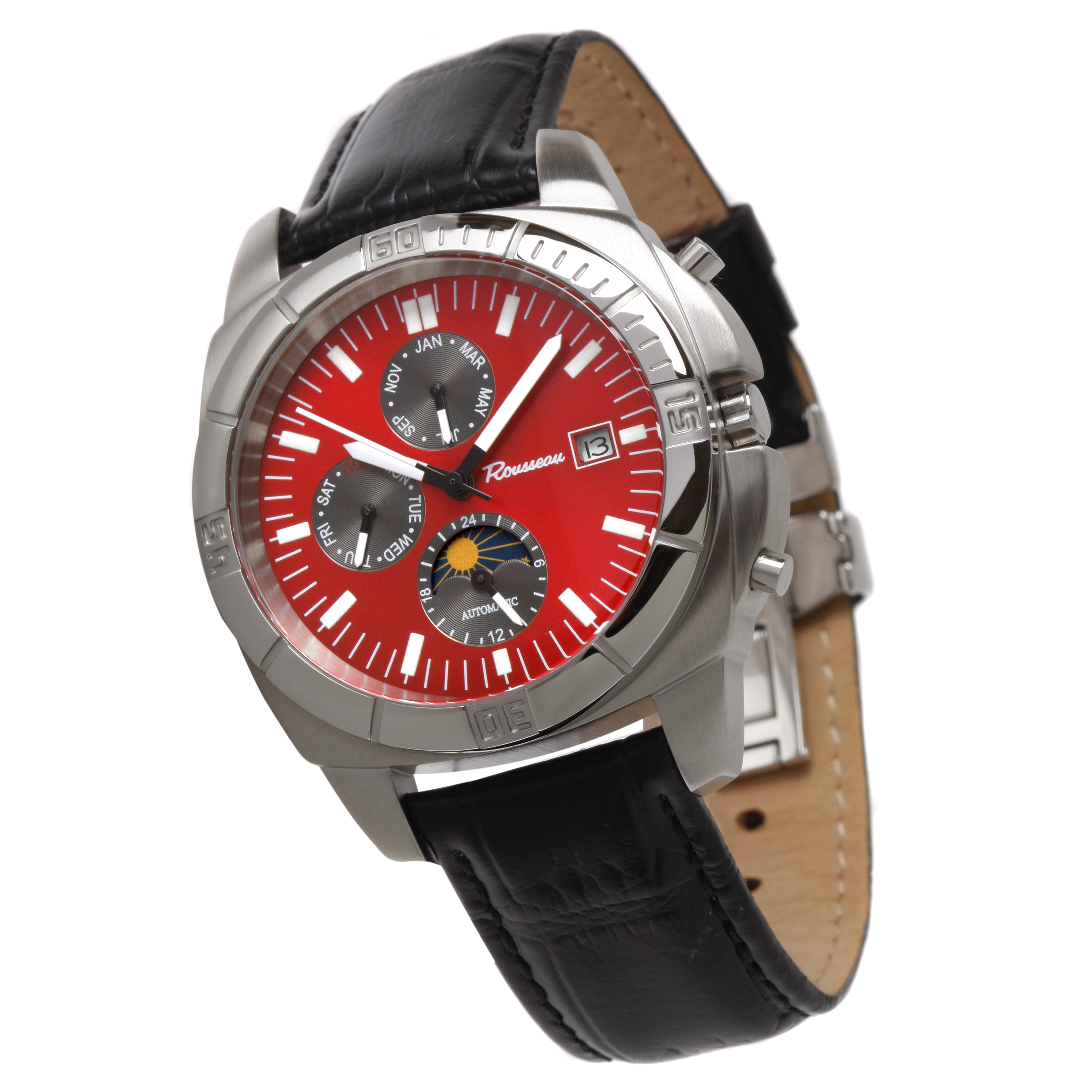 Rousseau Gents Forte Automatic Multi-Function Black Leather Strap/Red ...