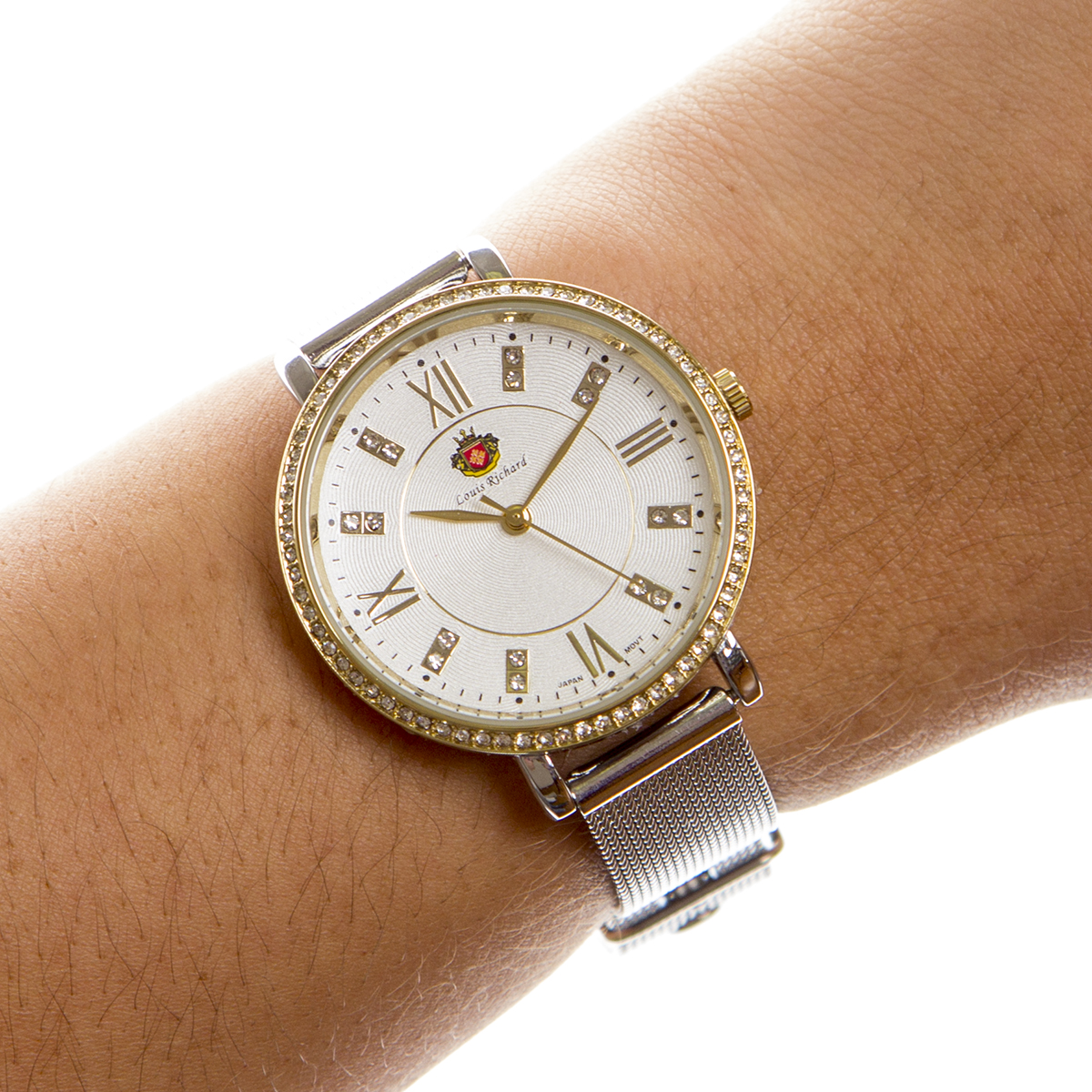 Ladies Watch Silver Mesh Band, Silver Case, Gold Bezel | Property Room
