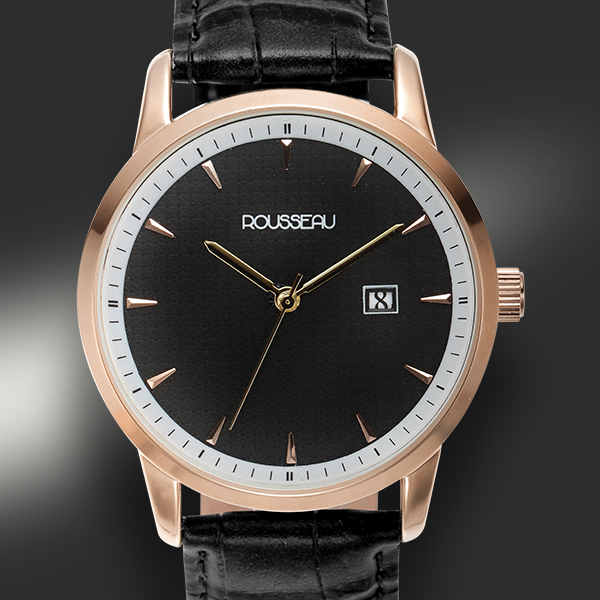 Rousseau Rameau Mens Watch - Black Band, Rose Gold Case, Black Dial ...