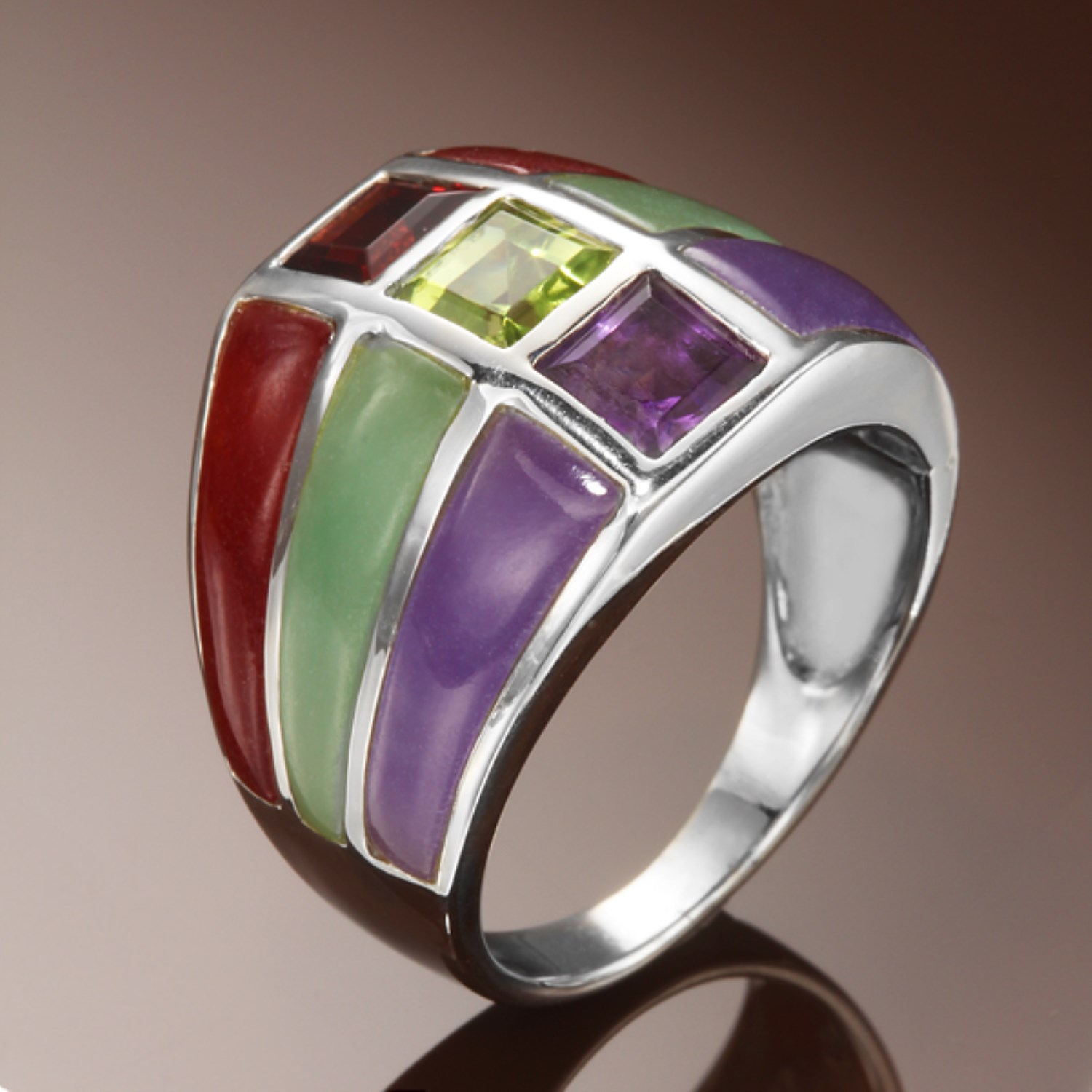 Sterling Silver Triple Row Multi Color Jade & Princess Cut Multi ...