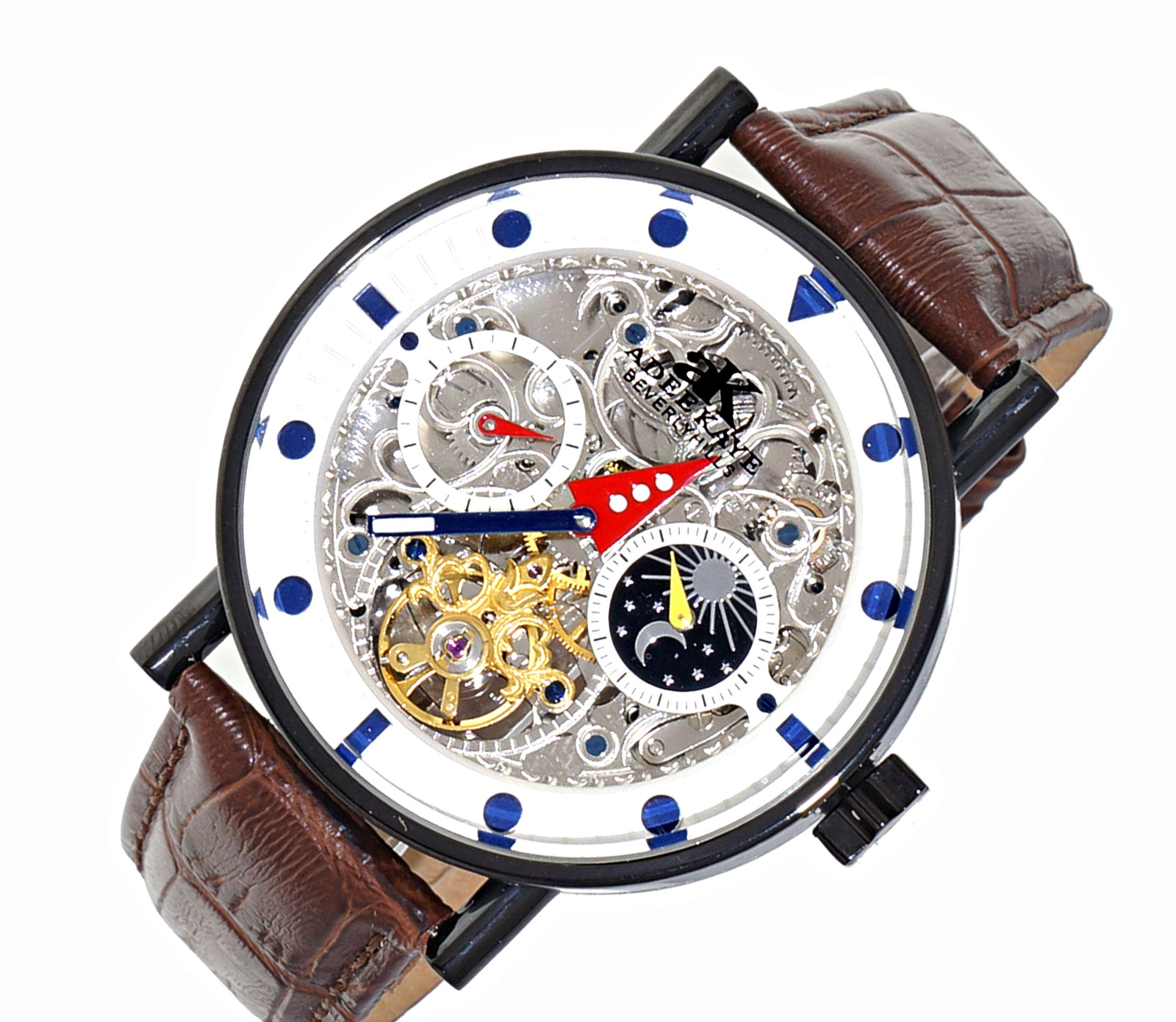 ADEE KAYE Skeleton Automatic -21 Jewels Movement , Sun and Moon Phase ...