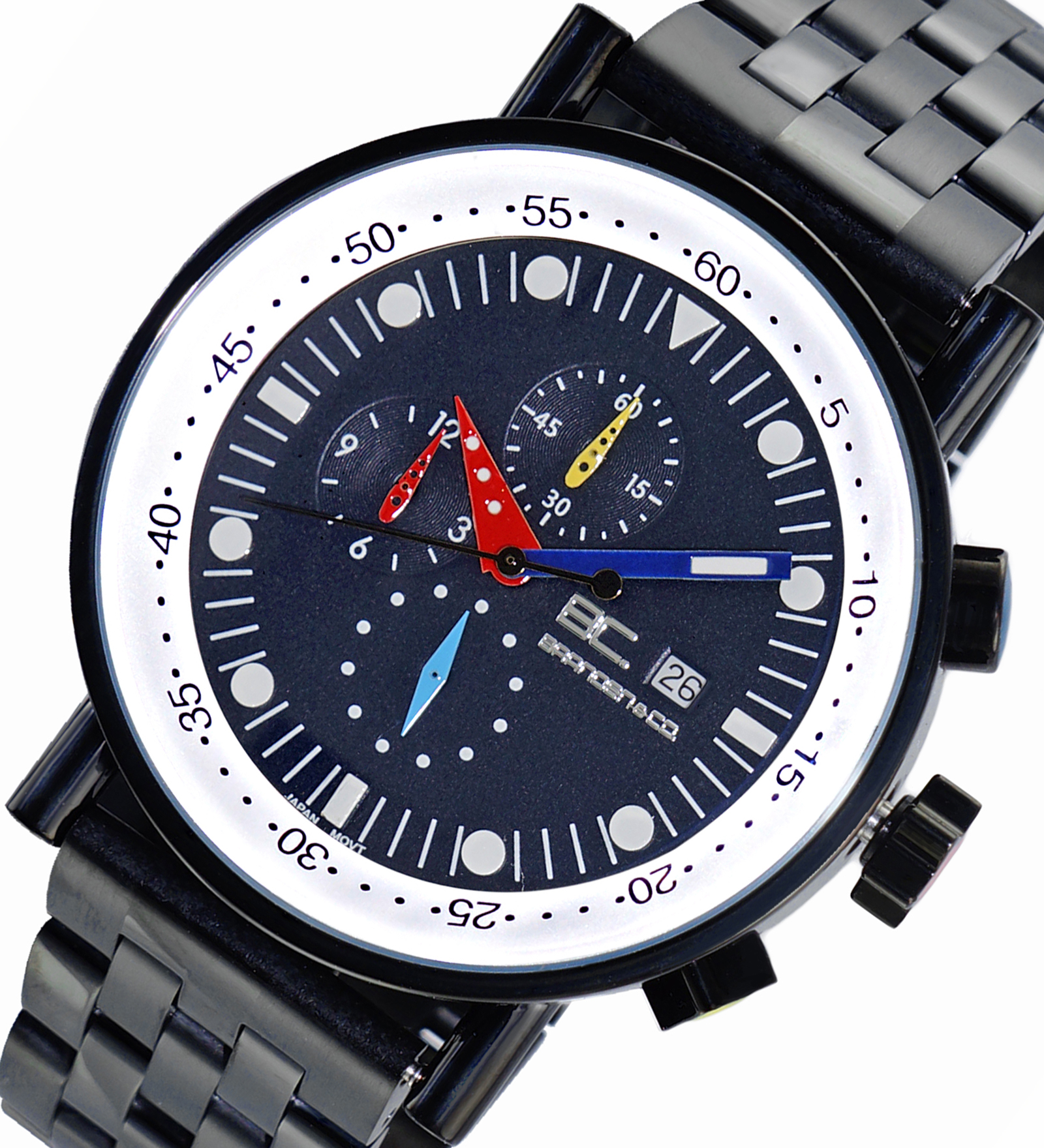 CHRONOGRAPH MOVEMENT, STAINLESS STEEL CASE AND BAND, MULTI- COLOR HANDS ...