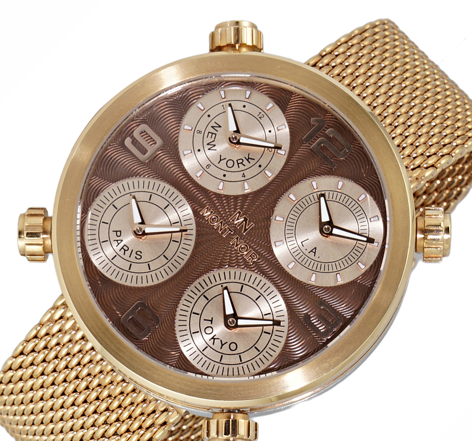 LeChateau 4-TIME ZONE WATCH, DOUBLE LAYER DIAL, STAINLESS STEEL MESH ...