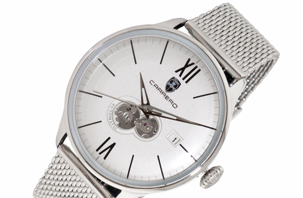 Lechateau, Men's 24-JEWELS AUTOMATIC, WITH HEART BEAT CURVE WHITE DIAL ...
