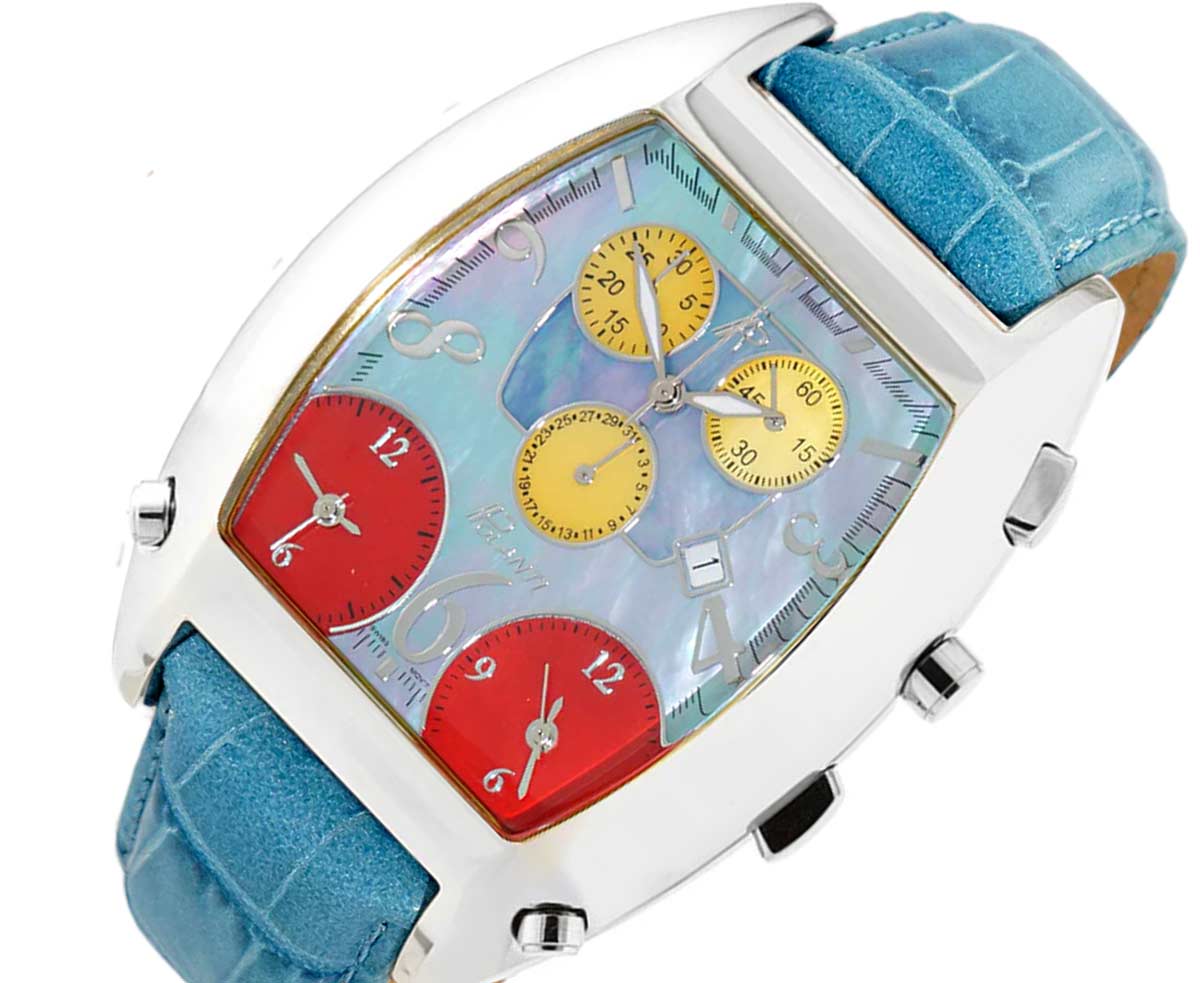 Lechateau Men's, 3 Time Zone Chronograph, Blue Mother of Pearl Dial ...