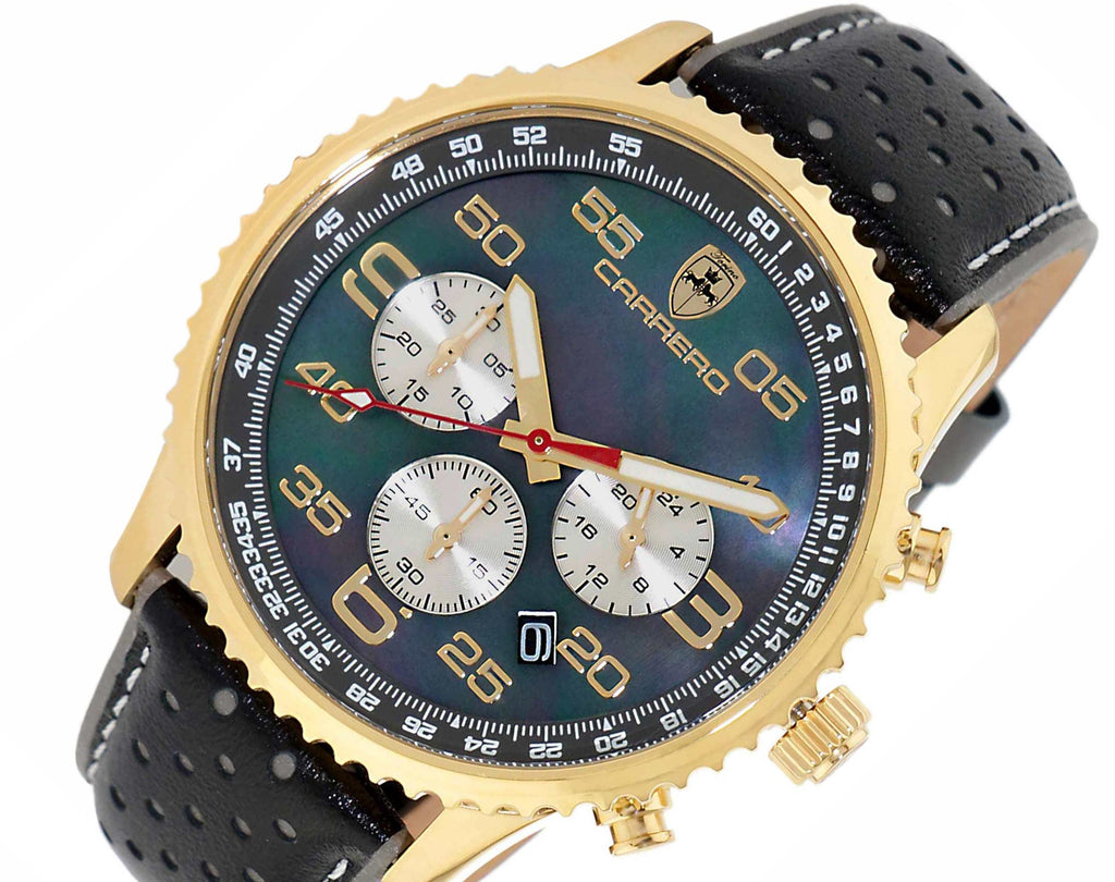Lechateau- VR32 Movement Chronograph Mov't, Black MOP Dial, Genuine Leather Band, Gold tone ...