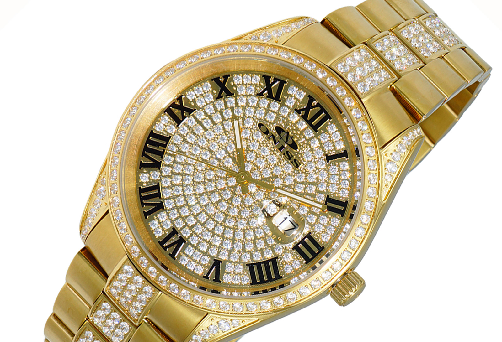 ONISS DATE-DIAL AUSTRIAN CRYSTAL ACCENT, GOLD TONE CASE AND BAND, ONISS ...