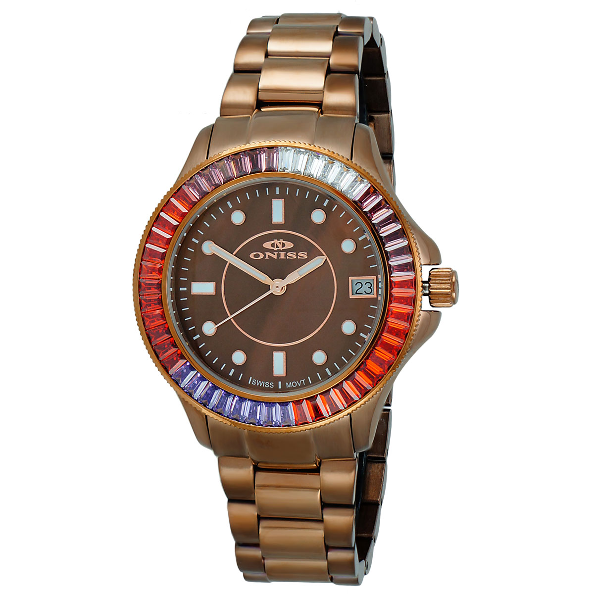 SWISS MOVEMENT, MULTI-COLOR AUSTRIAN CRYSTAL ACCENT, BROWN MOP DIAL ...