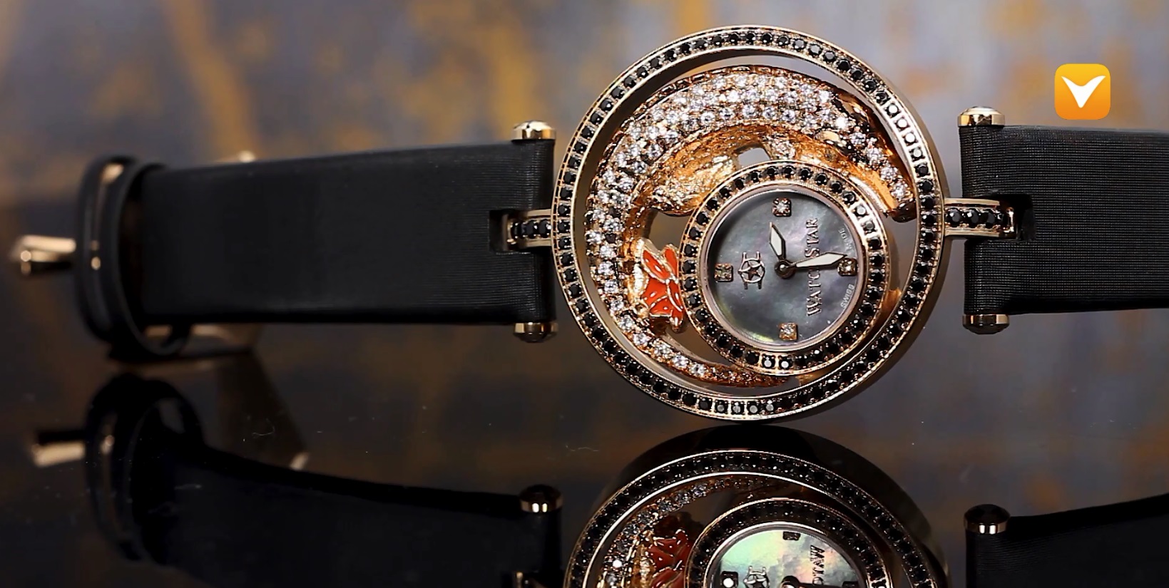 Watchstar 42mm Limited Edition Swiss Made Diva Star Rose Gold Crocodile Black MOP Diamond Dial ...