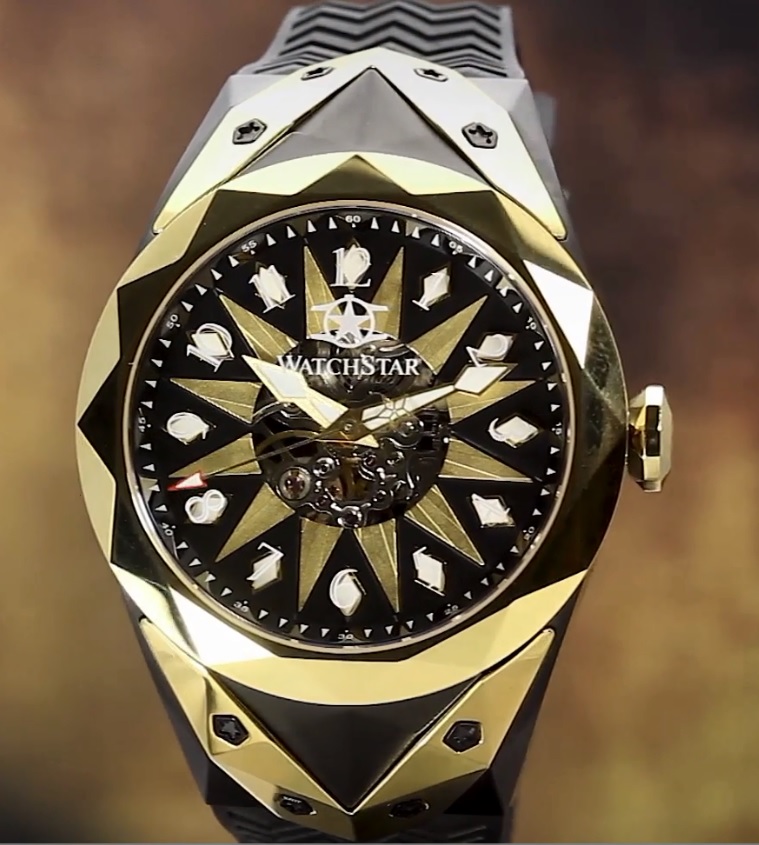Watchstar 47mm Superstar 21 Jewel Skeleton Automatic Gold/Black Dial ...