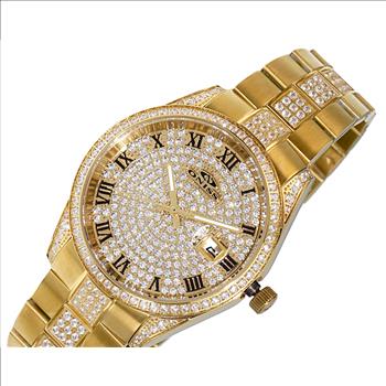 ONISS DATE-DIAL AUSTRIAN CRYSTAL ACCENT, GOLD TONE CASE AND BAND, ONISS ...