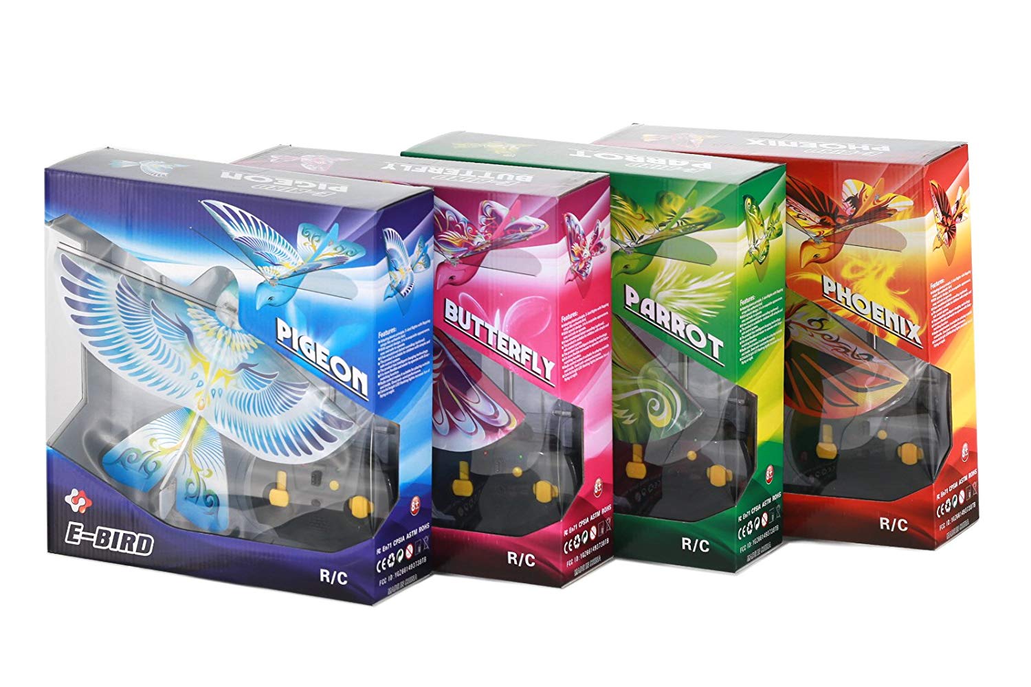 4 eBirds Green Parrot, Blue Pigeon, Orange Phoenix, and Pink butterfly ...